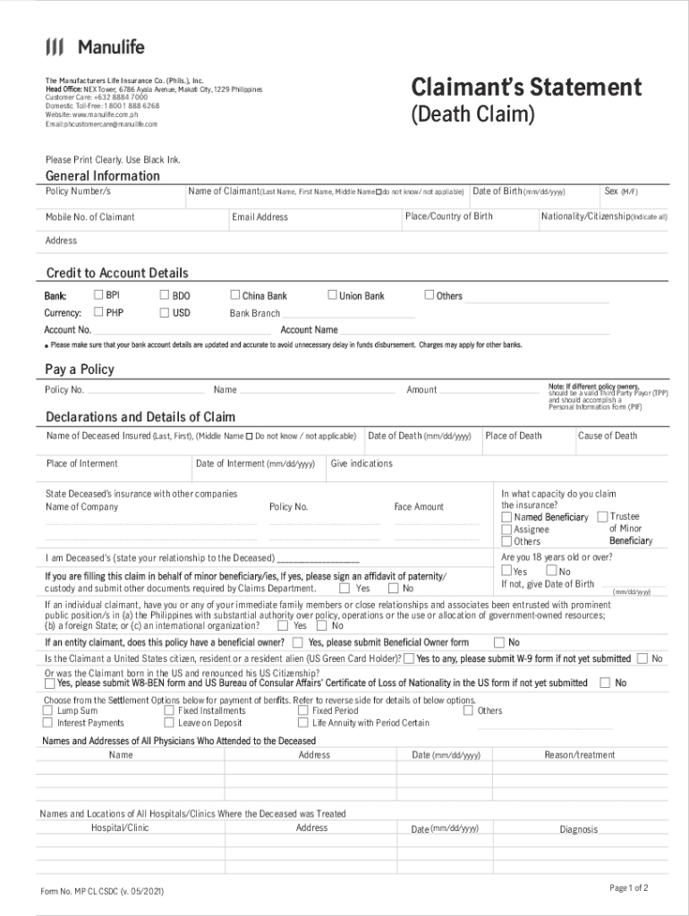 Fillable Online CL Claimant's Statement Death Claim 05172021 (1) Fax ...