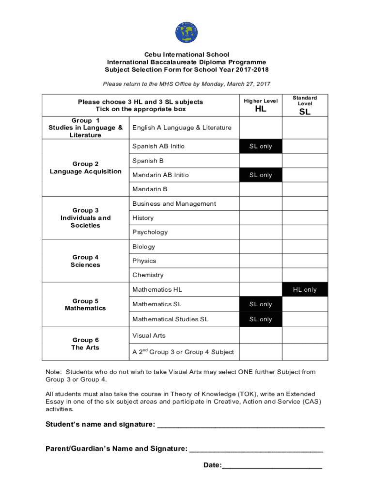 Fillable Online cis edu Subject Selection Form - Cebu International ...