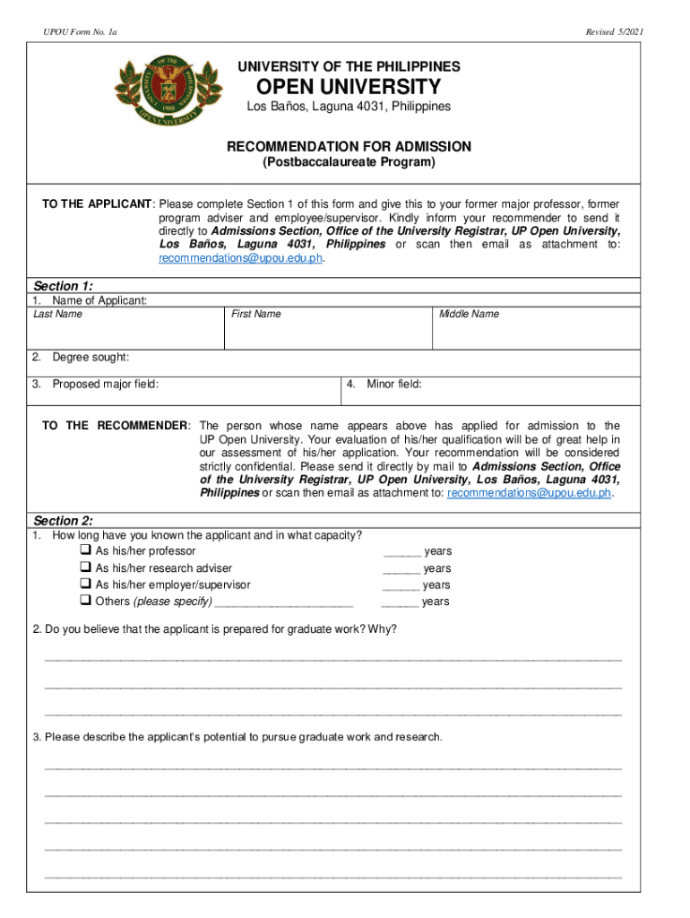 Fillable Online Recommendation letter UPOU.pdf - UPOU Form No 1a ...