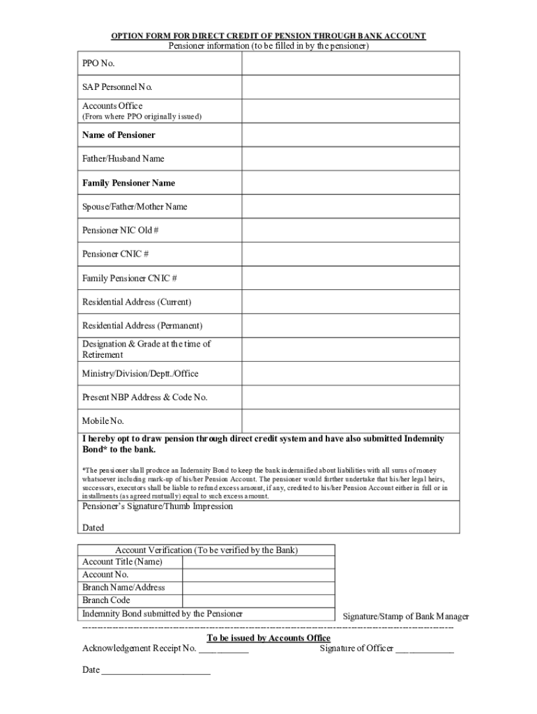 Fillable Online agkhyberpakhtunkhwa gov OPTION FORM FOR DIRECT CREDIT ...
