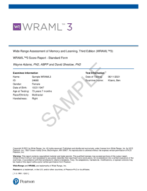 Fillable Online WRAML 3 Score Report Standard Form Sample Fax Email ...