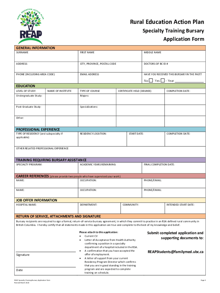 Fillable Online Fillable Online Specialty Training Bursary Application ...