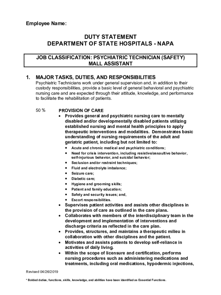 Fillable Online DUTY STATEMENT DEPARTMENT OF STATE HOSPITALS - NAPA Fax ...