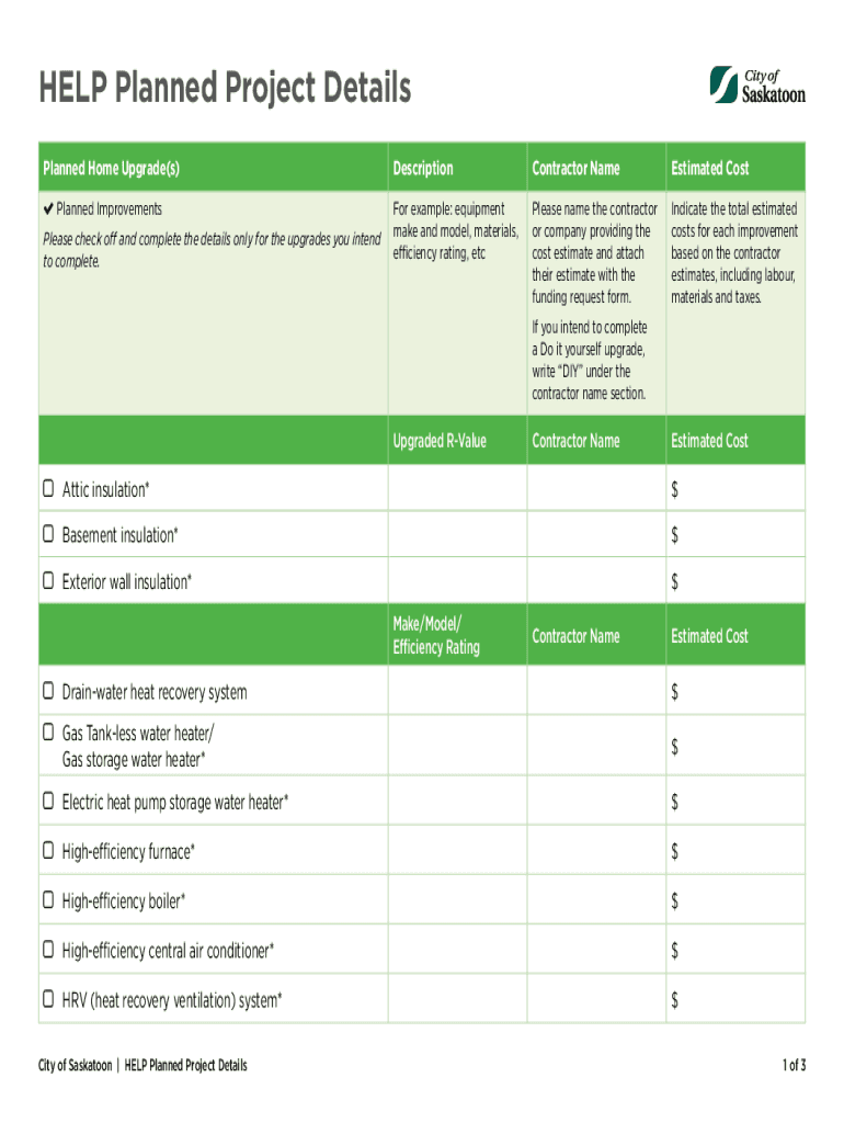 Fillable Online HELP Planned Project Details. Form for recording the ...