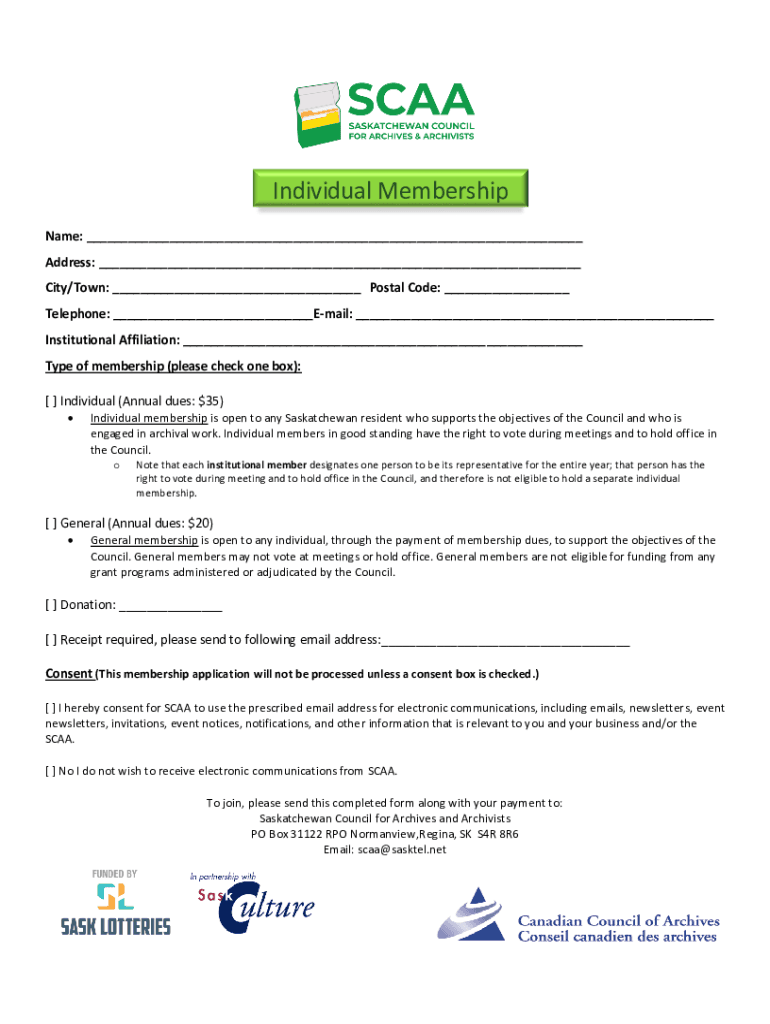 Fillable Online Individual Membership Application - SCAA Fax Email ...