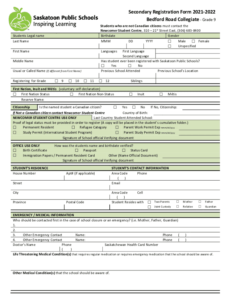Fillable Online Secondary Registration Form Bedford Road CollegiateAEWS Fax Email Print - pdfFiller