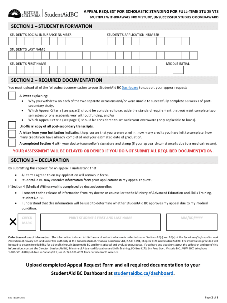 Fillable Online Fillable APPEAL REQUEST FOR SCHOLASTIC STANDING FOR ...