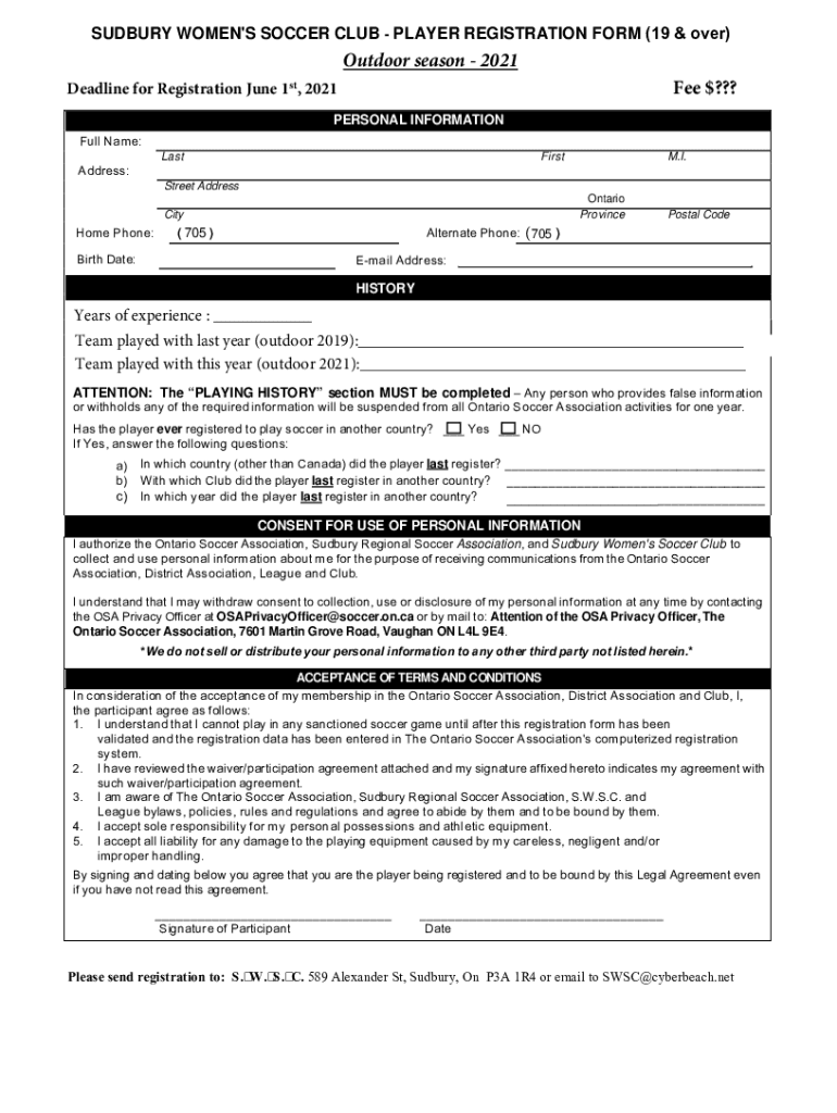 Fillable Online 2021 Player Registration Form.doc Fax Email Print ...