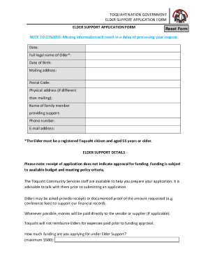 Fillable Online ELDER SUPPORT APPLICATION FORM NOTE TO ... - toquaht.ca ...