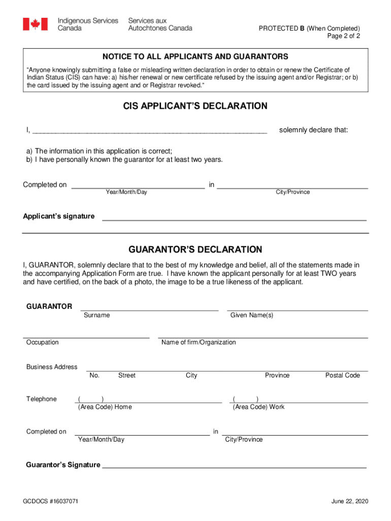 Fillable Online CERTIFICATE OF INDIAN STATUS (CIS) GUARANTOR ...