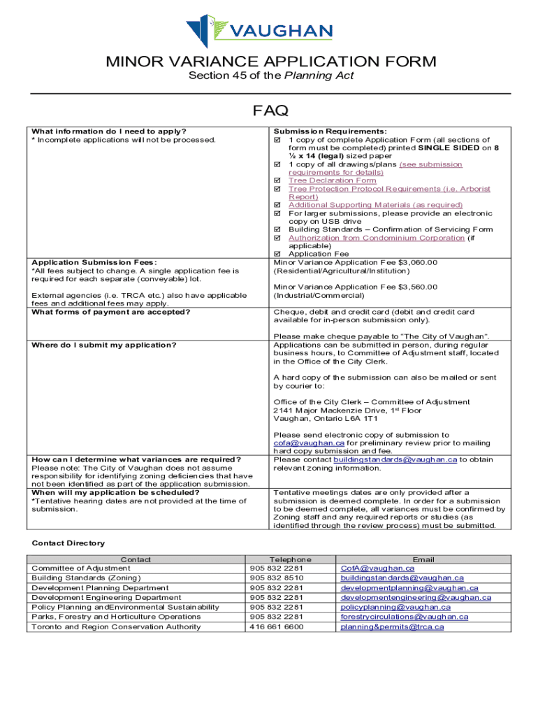 Fillable Online MINOR VARIANCE APPLICATION FORM - Vaughan Fax Email ...