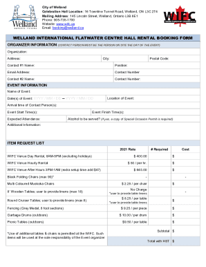 Fillable Online WELLAND INTERNATIONAL FLATWATER CENTRE HALL RENTAL ...