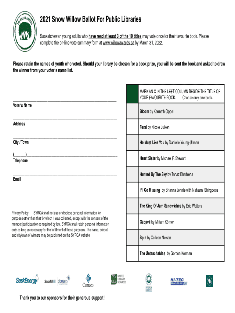 Fillable Online 2021 Snow Willow Ballot For Public Libraries Fax Email Print - pdfFiller
