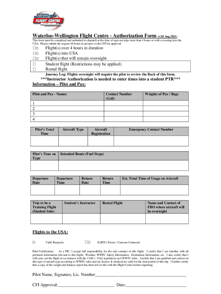 Fillable Online Flight Authorization form v2.0Waterloo Wellington ...