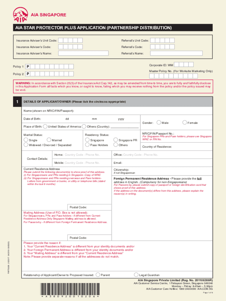 Fillable Online Fillable Online AIA Star Protector Plus Application ...