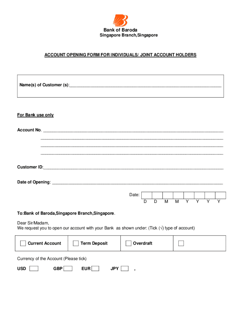 Fillable Online Account Opening Form for Individuals - Bank of Baroda ...