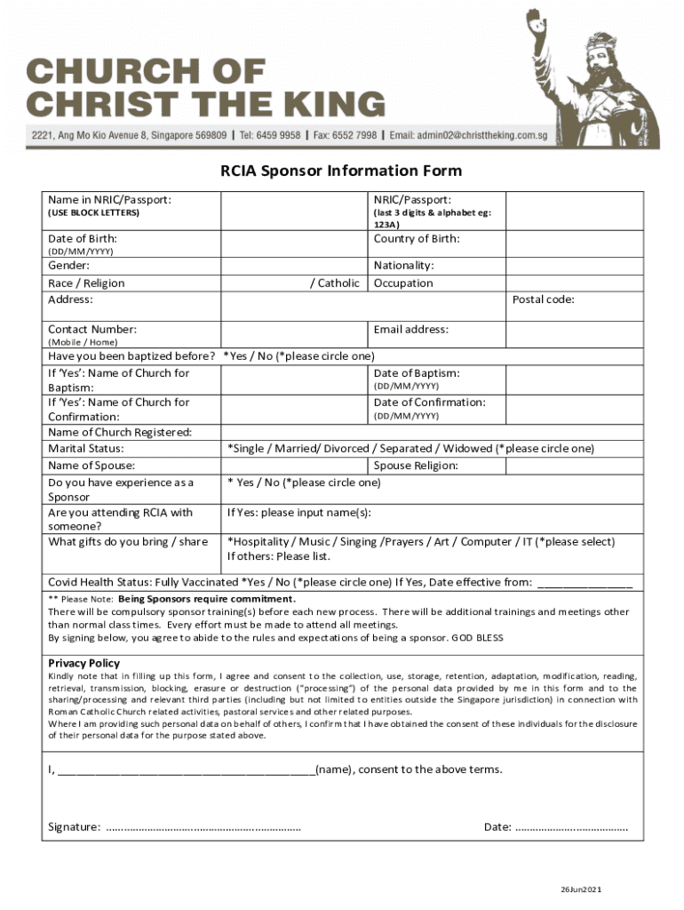 Fillable Online RCIA Sponsor Information Form - christtheking.com.sg ...