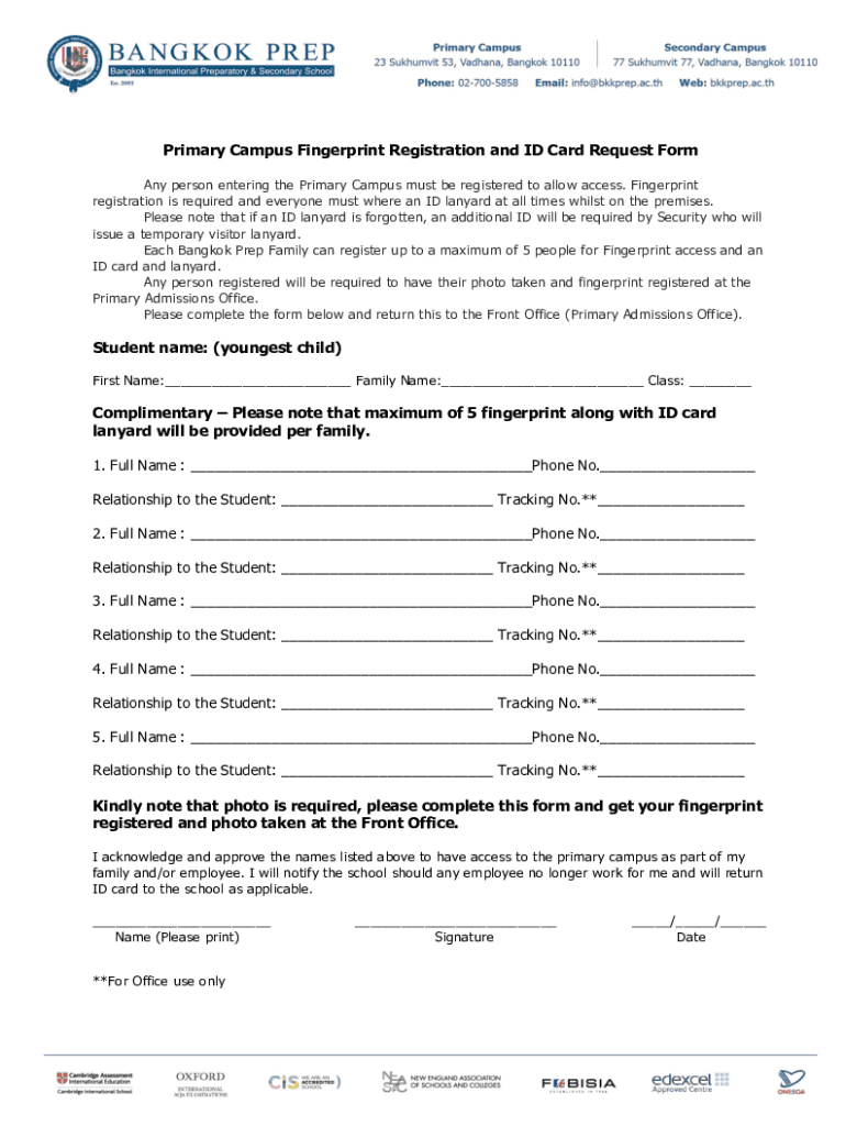 Fillable Online Primary Campus Fingerprint Registration and ID Card ...