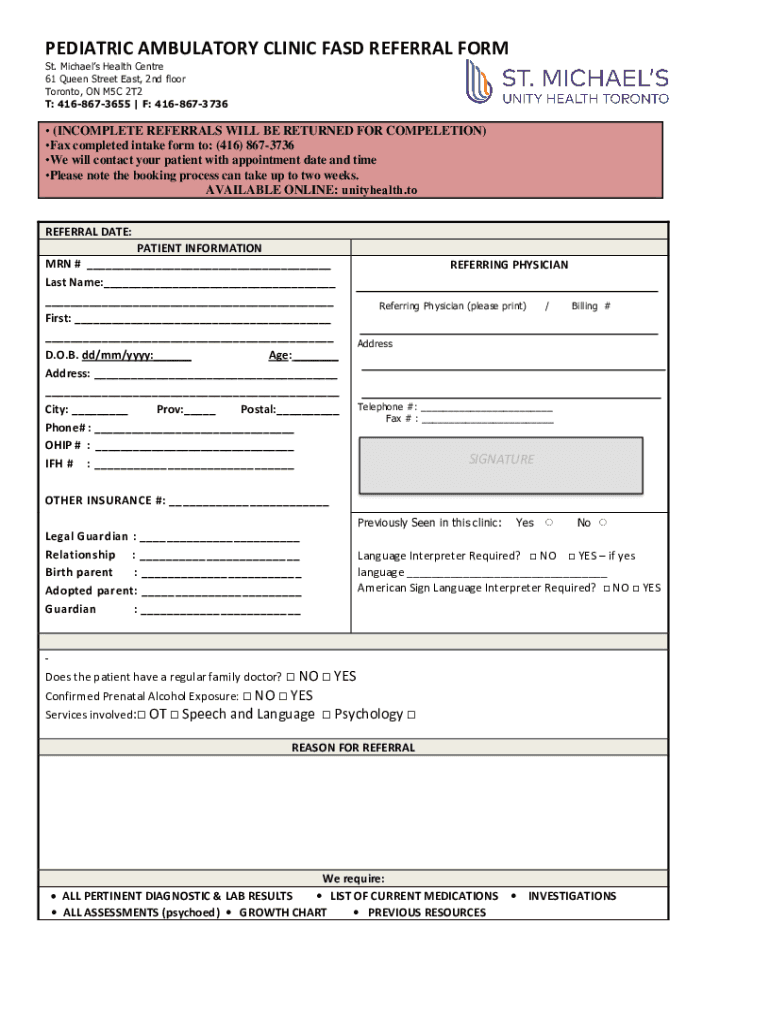 Fillable Online St. Michael's Pediatric Ambulatory Clinic FASD Referral ...