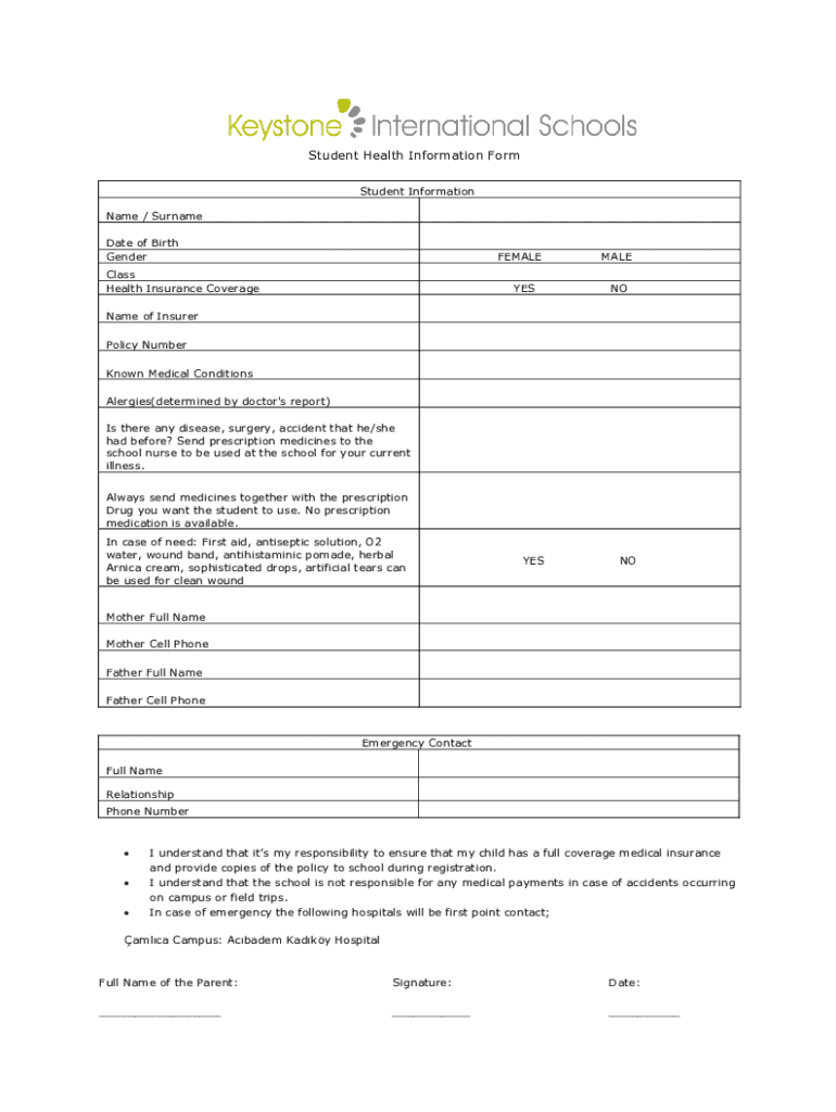 Fillable Online Fall Semester 2020 - STUDENT HEALTH INFORMATION FORM ...