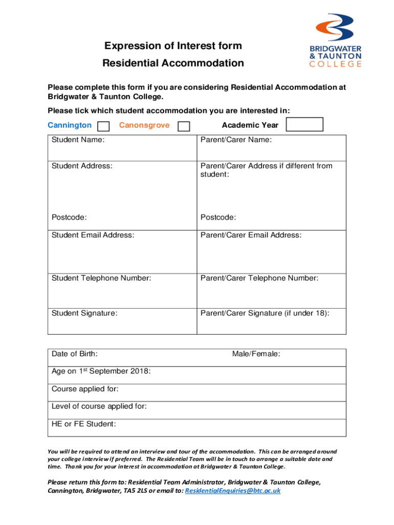 Fillable Online Expression of Interest form Residential Accommodation ...