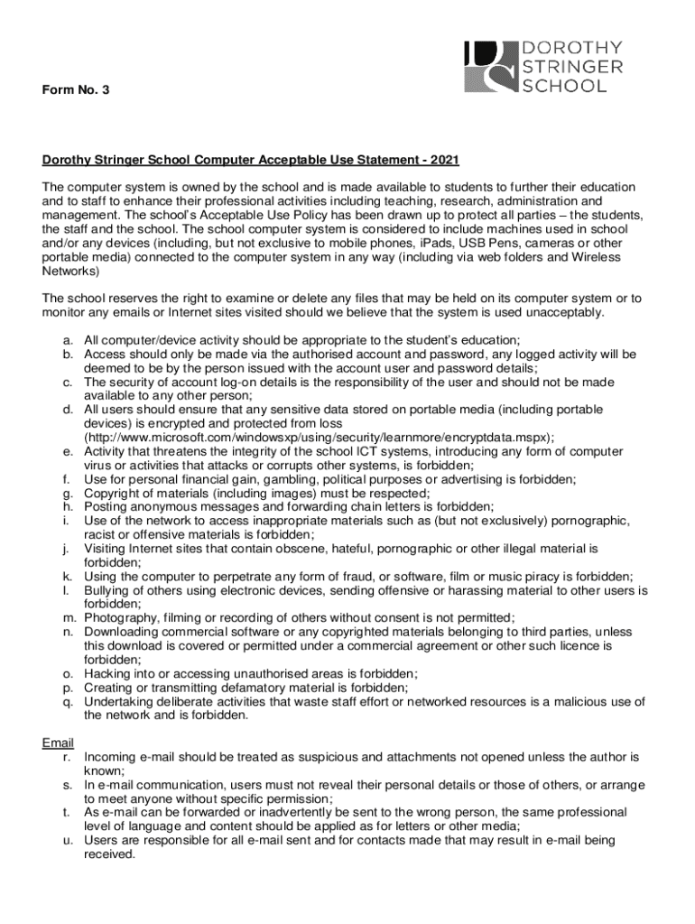 Fillable Online Dorothy Stringer High School Internet Use Statement Fax ...