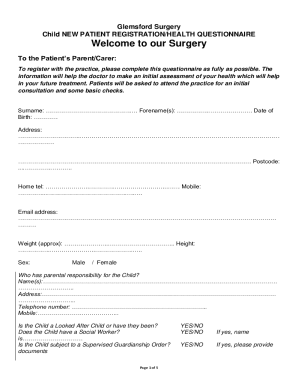 Fillable Online Glemsford Surgery Child NEW PATIENT REGISTRATION/HEALTH ...