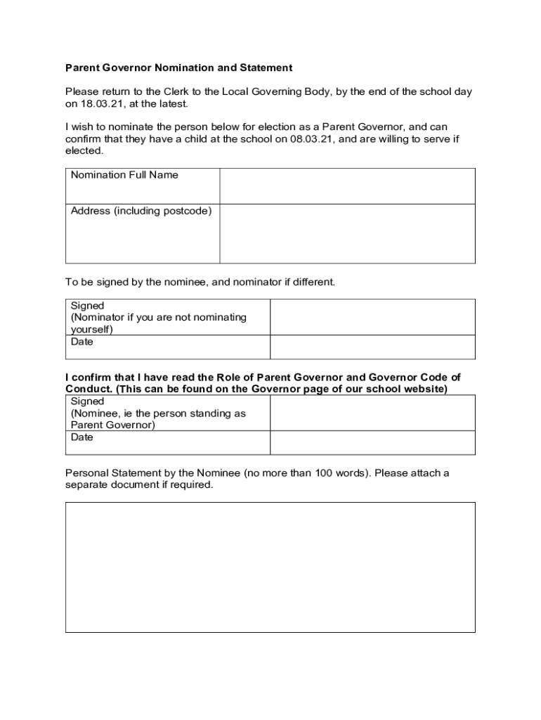 Fillable Online Parent Governor Nomination and Statement Fax Email ...