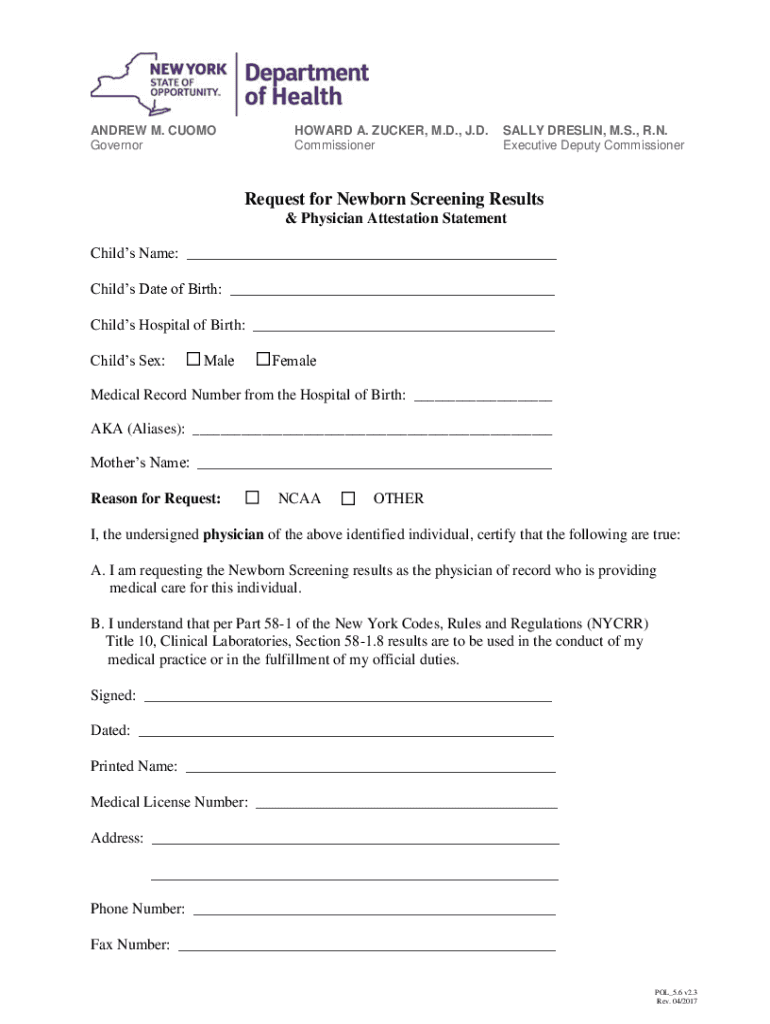 Fillable Online Request for Newborn Screening Results Fax Email Print ...