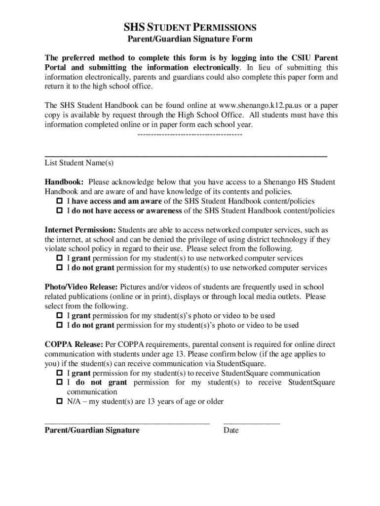Fillable Online SHS STUDENT PERMISSIONS Parent/Guardian Signature Form ...