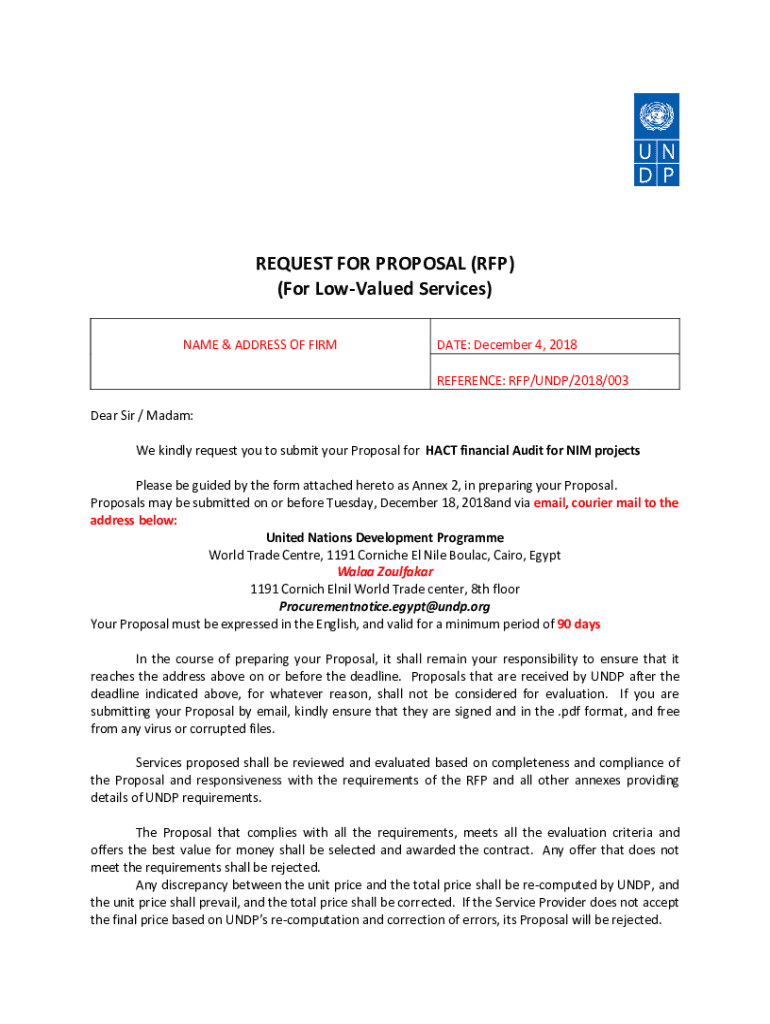 Fillable Online REQUEST FOR PROPOSAL (RFP) (For Low-Valued Services ...