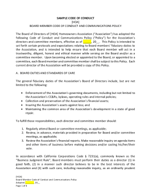 Fillable Online SAMPLE CODE OF CONDUCT HOA BOARD MEMBER CODE OF CONDUCT ...