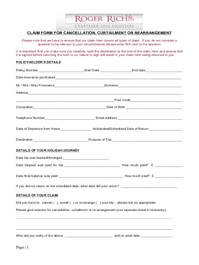Fillable Online Claim Form - Cancellation, Curtailment Or Rearrangement ...