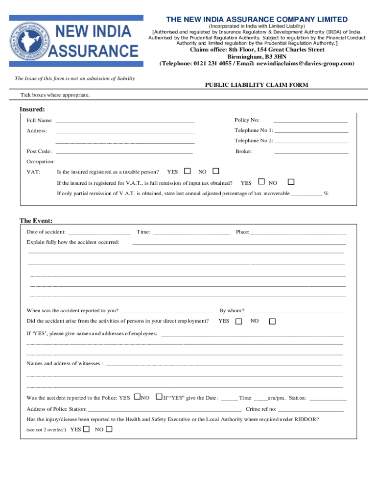 Fillable Online The New India Assurance Company Limited - Dilip ...