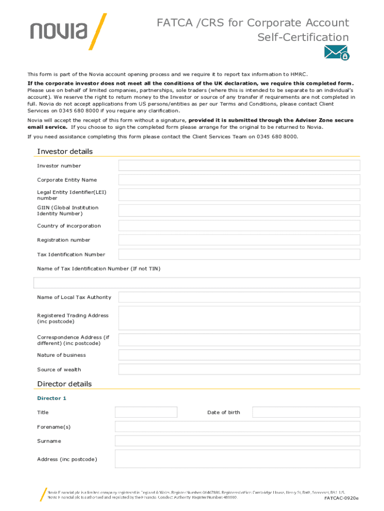 Fillable Online FATCA /CRS for Corporate Account Self-Certification Fax ...