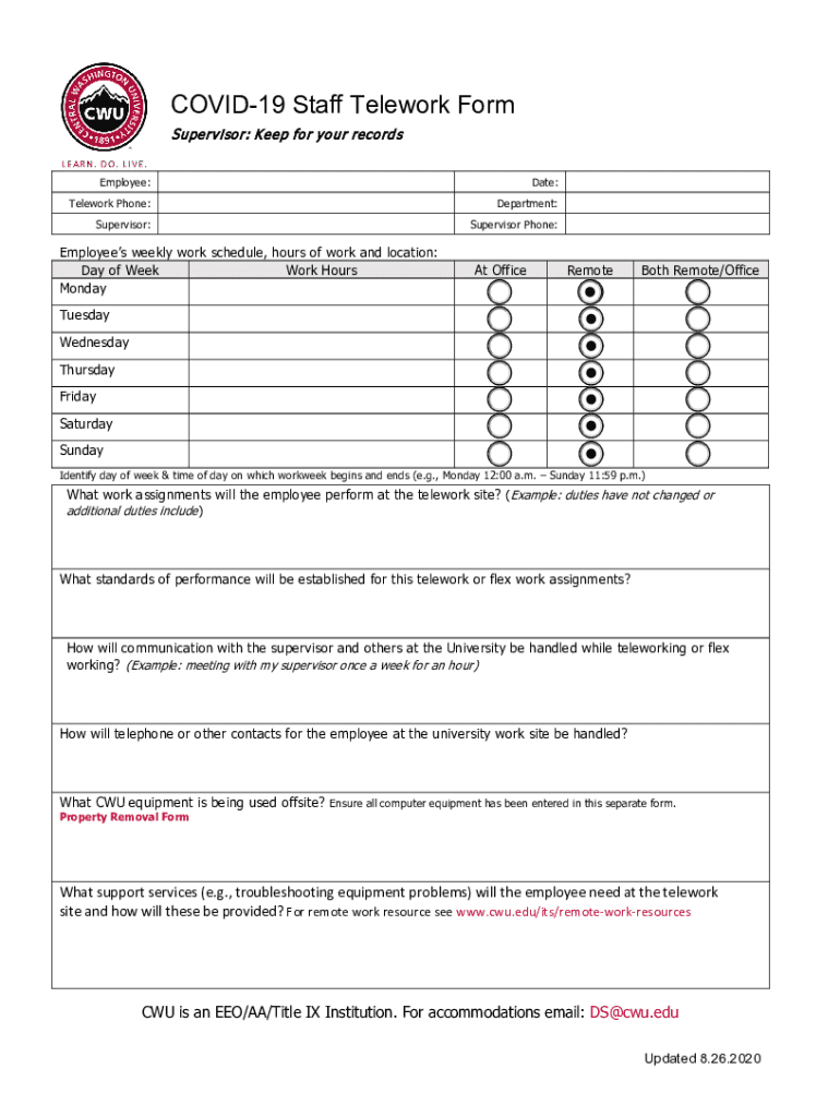 Fillable Online www.cwu.educovid-19-staff-telework-formCOVID-19 Staff ...
