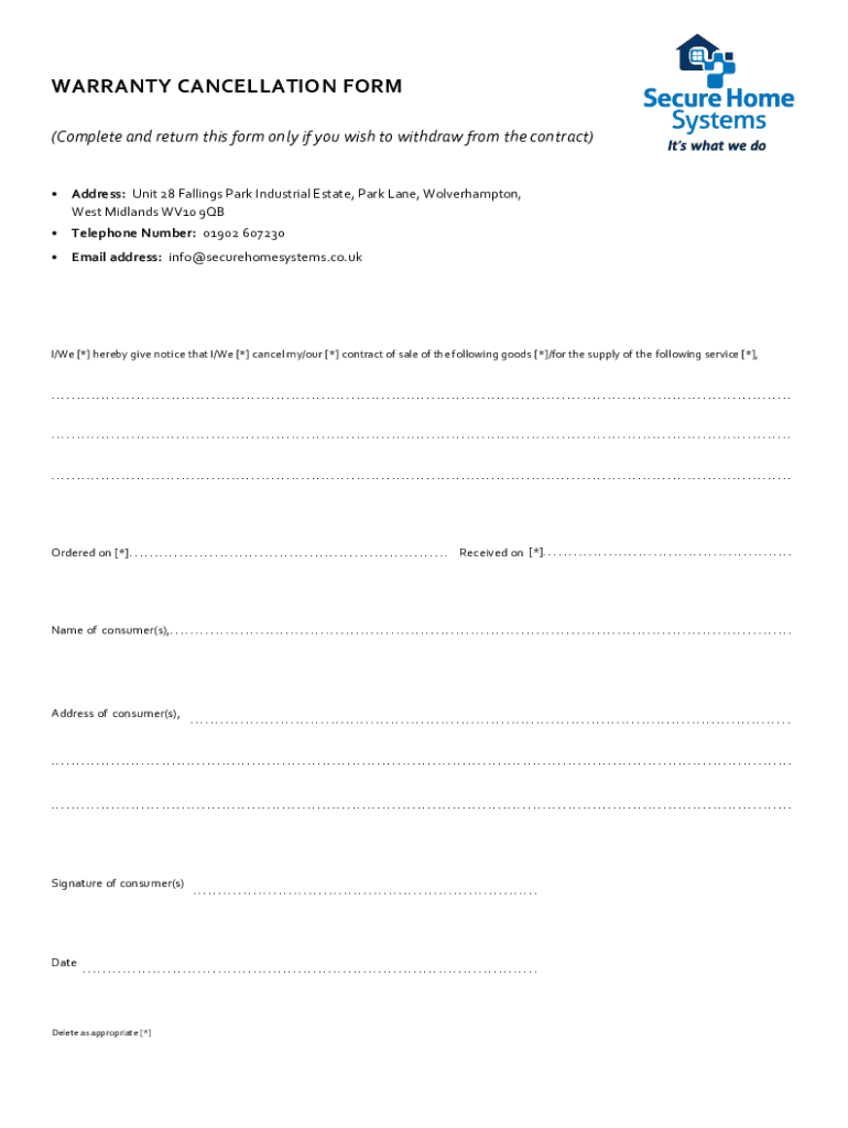 Fillable Online WARRANTY CANCELLATION FORM - Smart Home Protection Fax ...