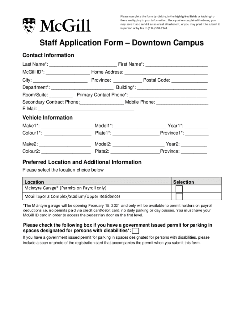 Fillable Online Staff Application Form - McGill University Fax Email Print - pdfFiller
