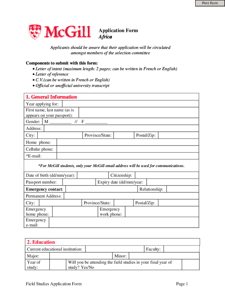 Fillable Online Application Form Africa Africa - McGill Fax Email Print - pdfFiller