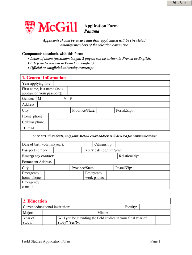 Fillable Online Application Form Panama Panama - McGill Fax Email Print - pdfFiller