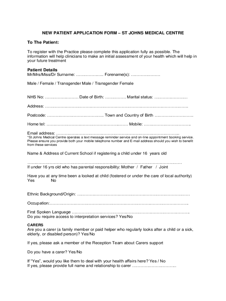 Fillable Online Patient Application Form - Fill Out and Sign Printable ...