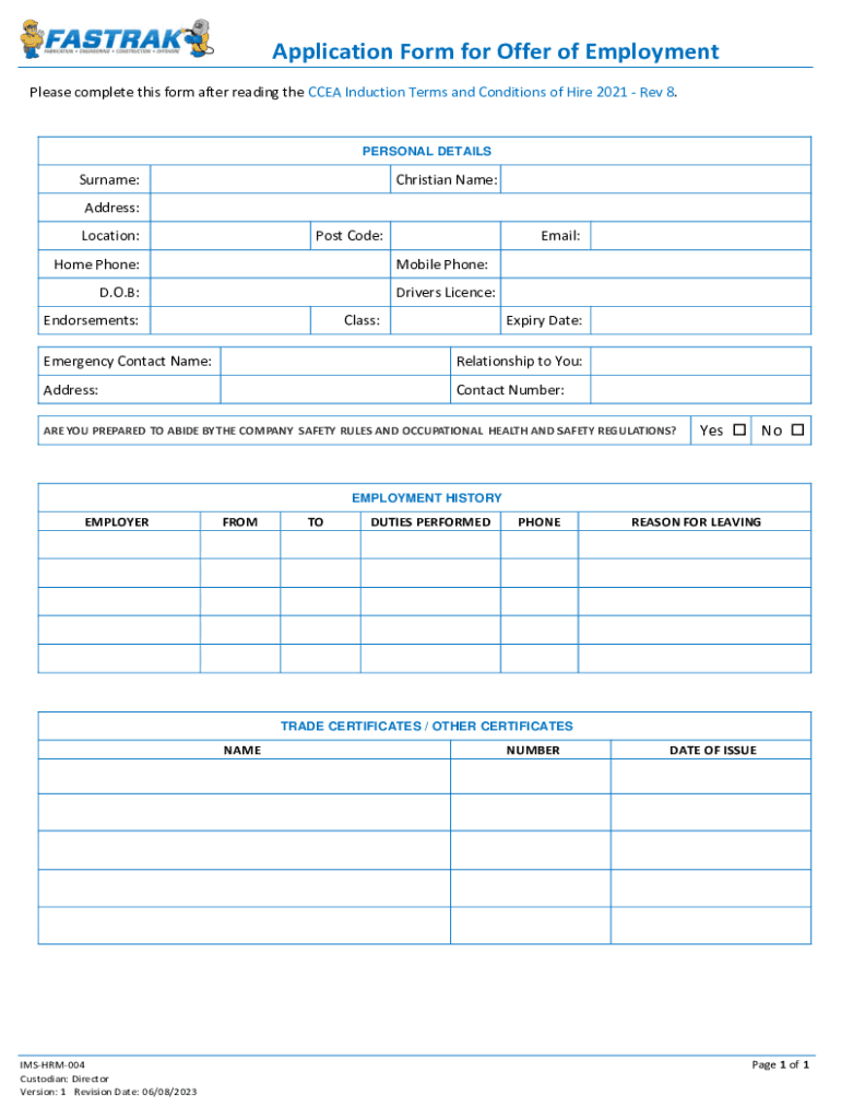 Fillable Online Application Form for Offer of Employment IMS-HRM-004 ...