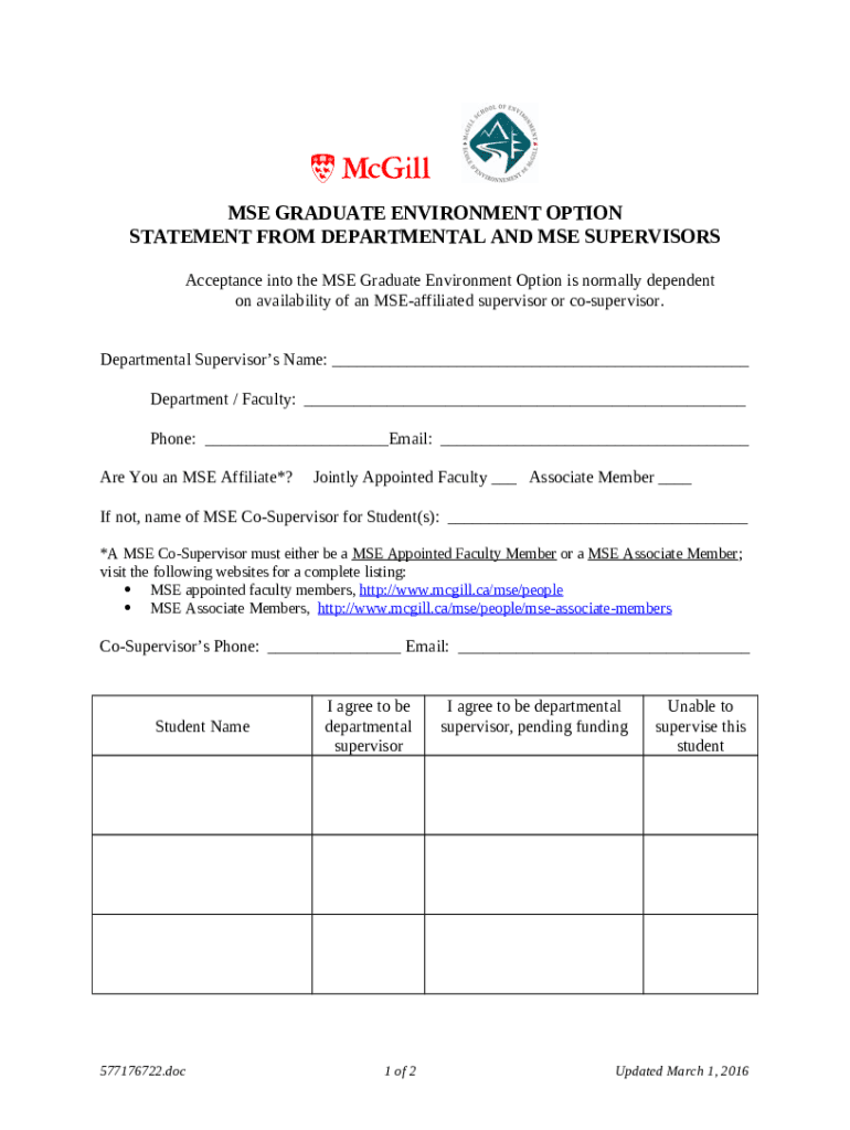 MAIN SUPERVISOR'S STATEMENT - McGill University Doc Template | pdfFiller