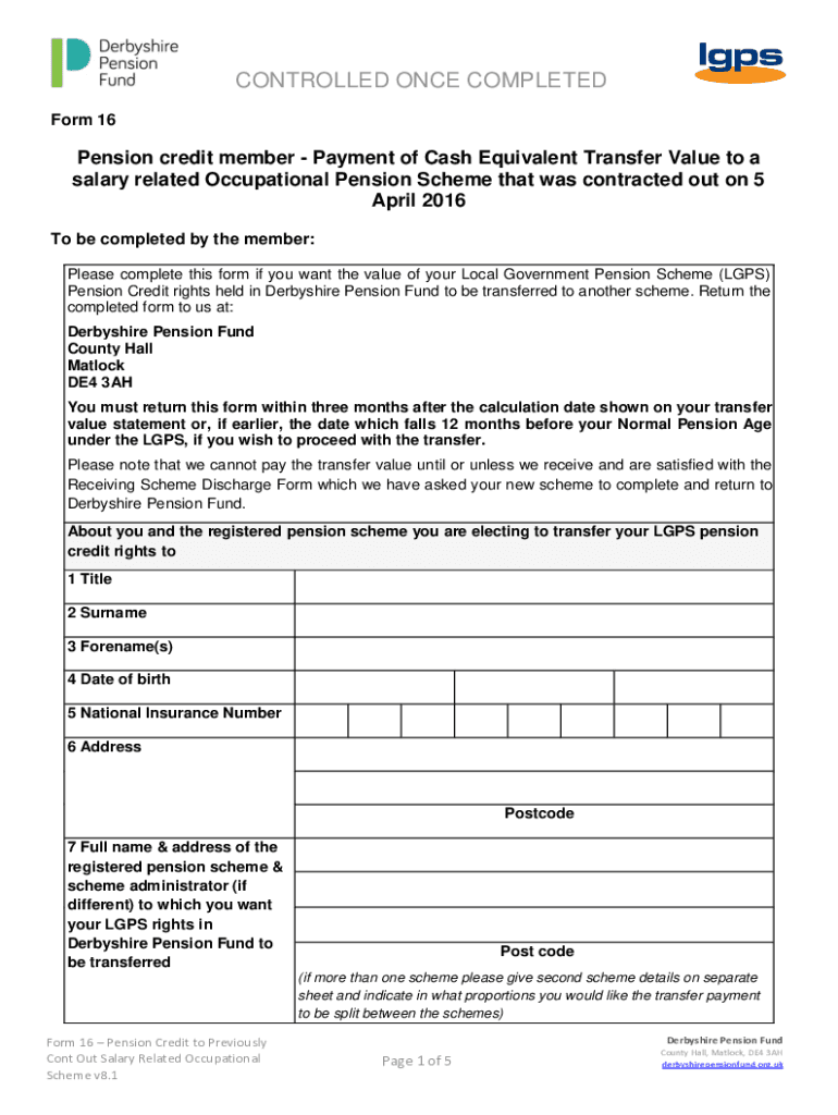 Fillable Online Form 16 - Pension credit to previously contracted out ...