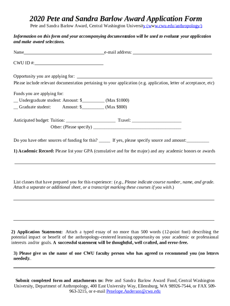 2020 Pete and Sandra Barlow Award Application Doc Template | pdfFiller