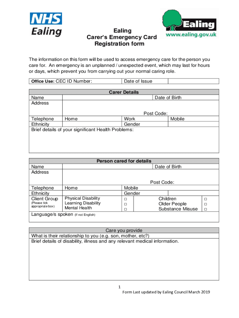 Fillable Online Ealing Carers Emergency Card Registration form Fax ...