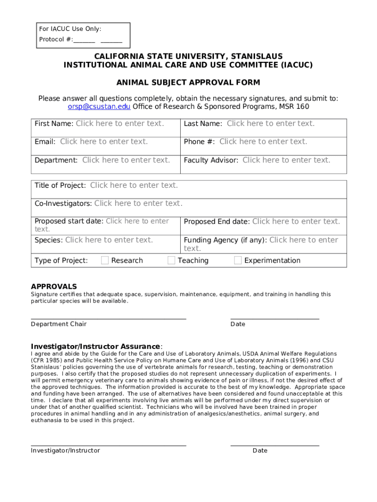 ANIMAL SUBJECT APPROVAL Doc Template | pdfFiller