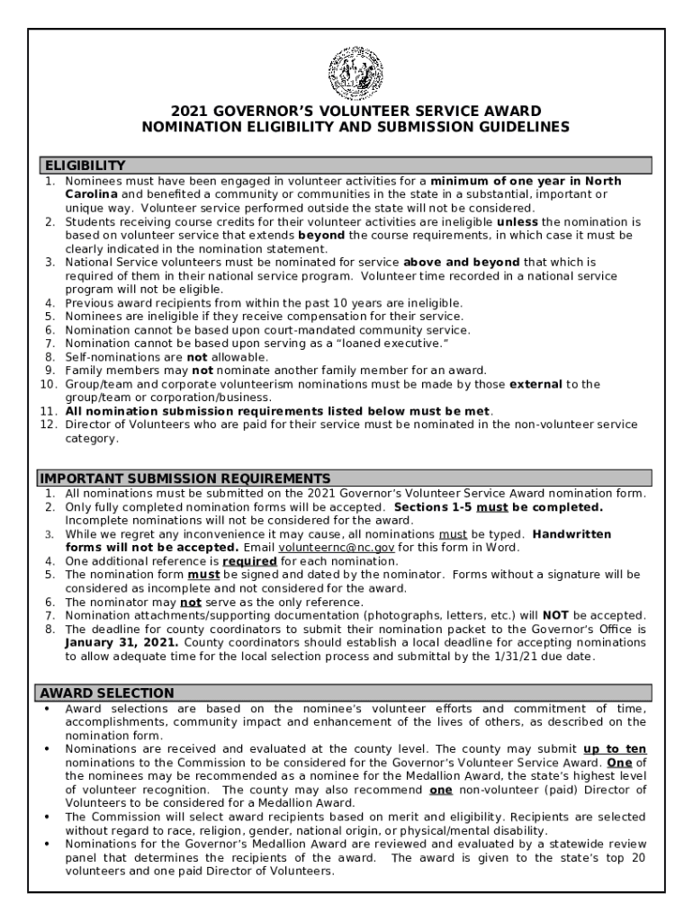 2022 GOVERNORS VOLUNTEER SERVICE AWARD NOMINATION ... Doc Template | pdfFiller