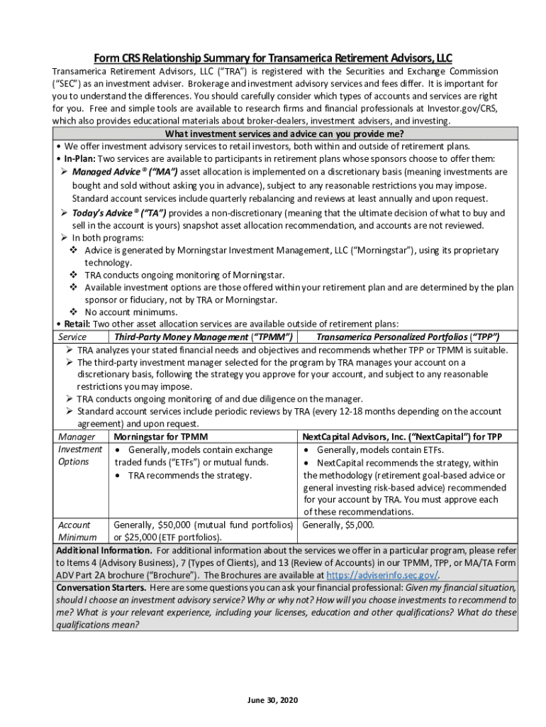 Fillable Online Form CRS Relationship Summary for Transamerica Retirement ... Fax Email Print ...