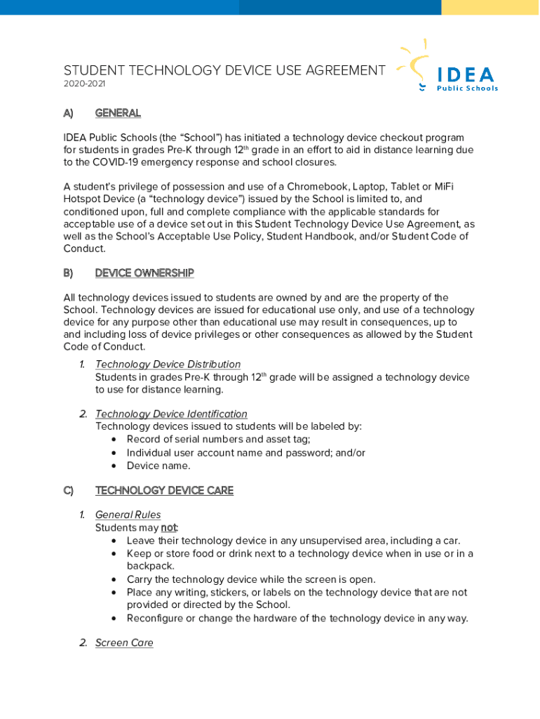 Fillable Online Fillable Online STUDENT TECHNOLOGY DEVICE USE AGREEMENT ...